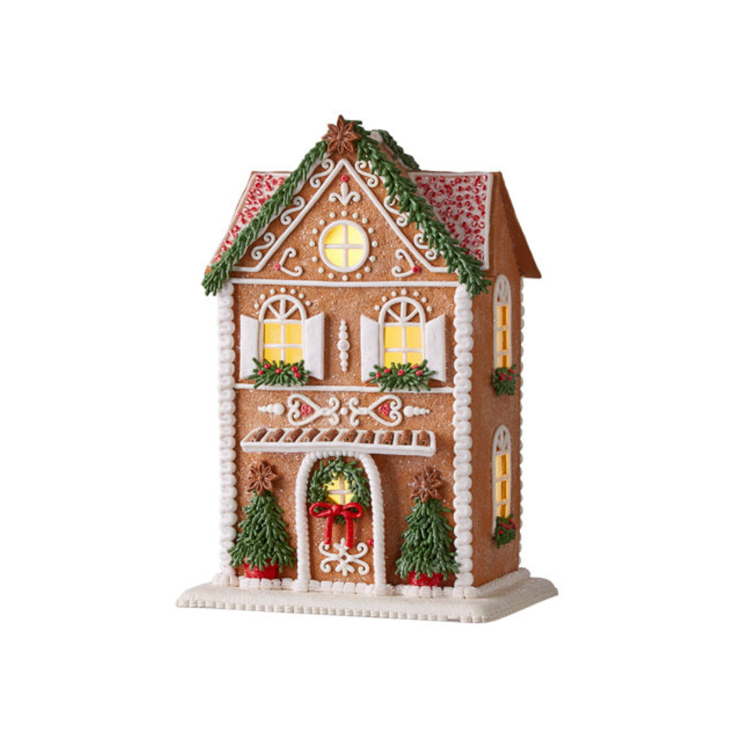 Large Green Garland Lighted Gingerbread House – Pink Antlers